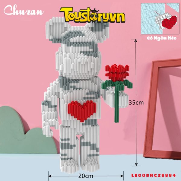 Lego Gấu Bearbrick 35cm màu Trắng - Xám, cầm Hoa Hồng có Ngăn kéo
